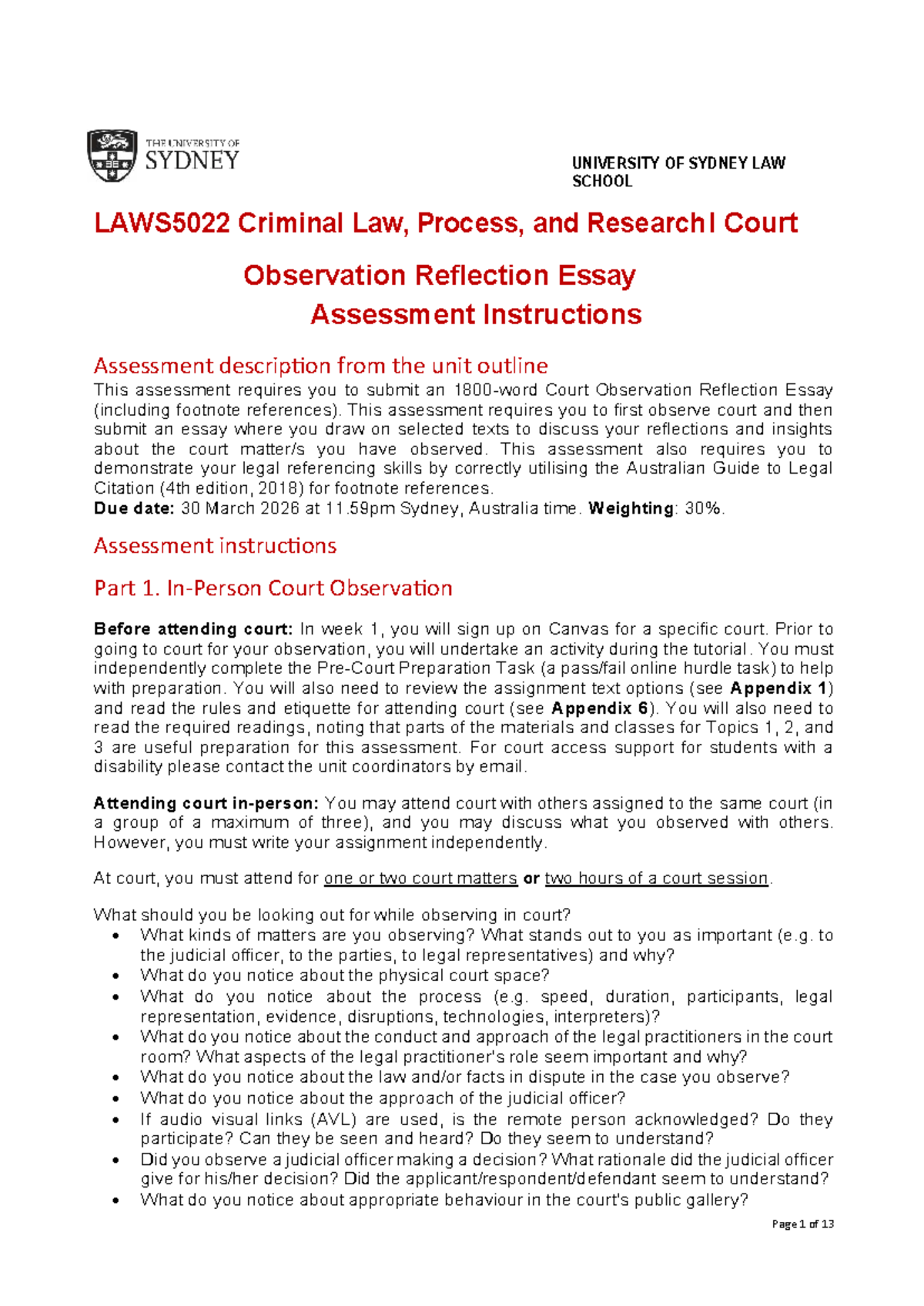 LAWS5022 Court Observation Reflection Essay Guidelines 2026 - Studocu