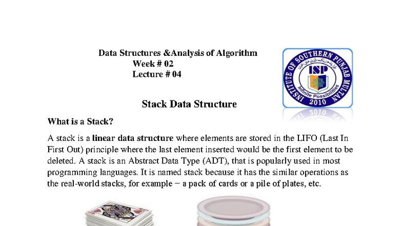 CNET 101: Week 02 Lecture on Stack & Queue Data Structures - Studocu