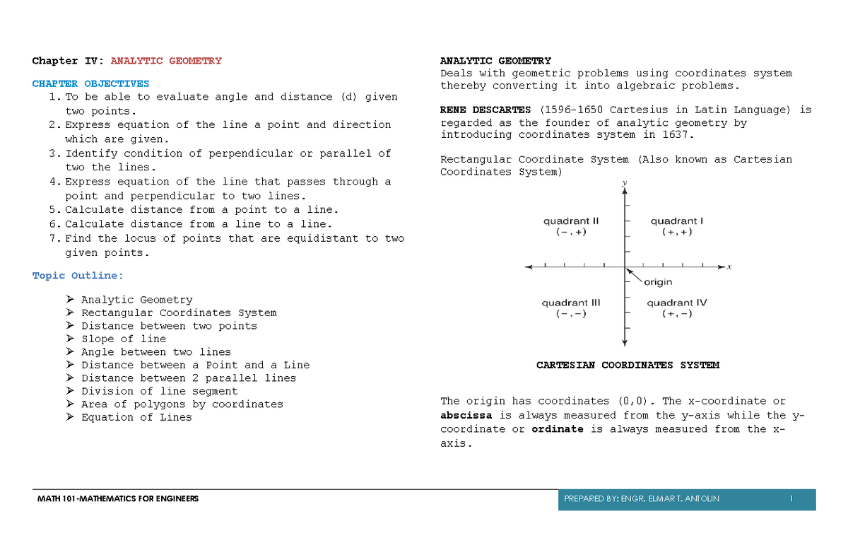 Module 9. Analytic Geometry - Chapter IV: ANALYTIC GEOMETRY CHAPTER OBJECTIVES 1. To be able to ...