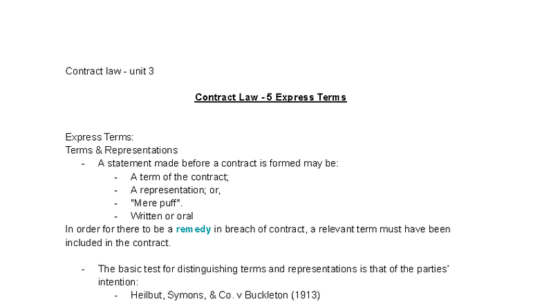Contract Law 5: Unit 3 Notes on Express Terms and Representations - Studocu
