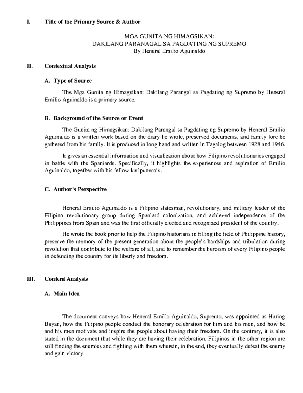 Content and Contextual Analysis of MGA Gunita ng Himagsikan by Heneral Emilio Aguinaldo - Studocu