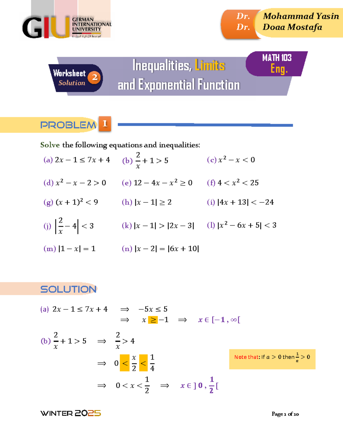 MATH 103 Eng. 1 Worksheet 2: Inequalities, Limits & Exponential ...