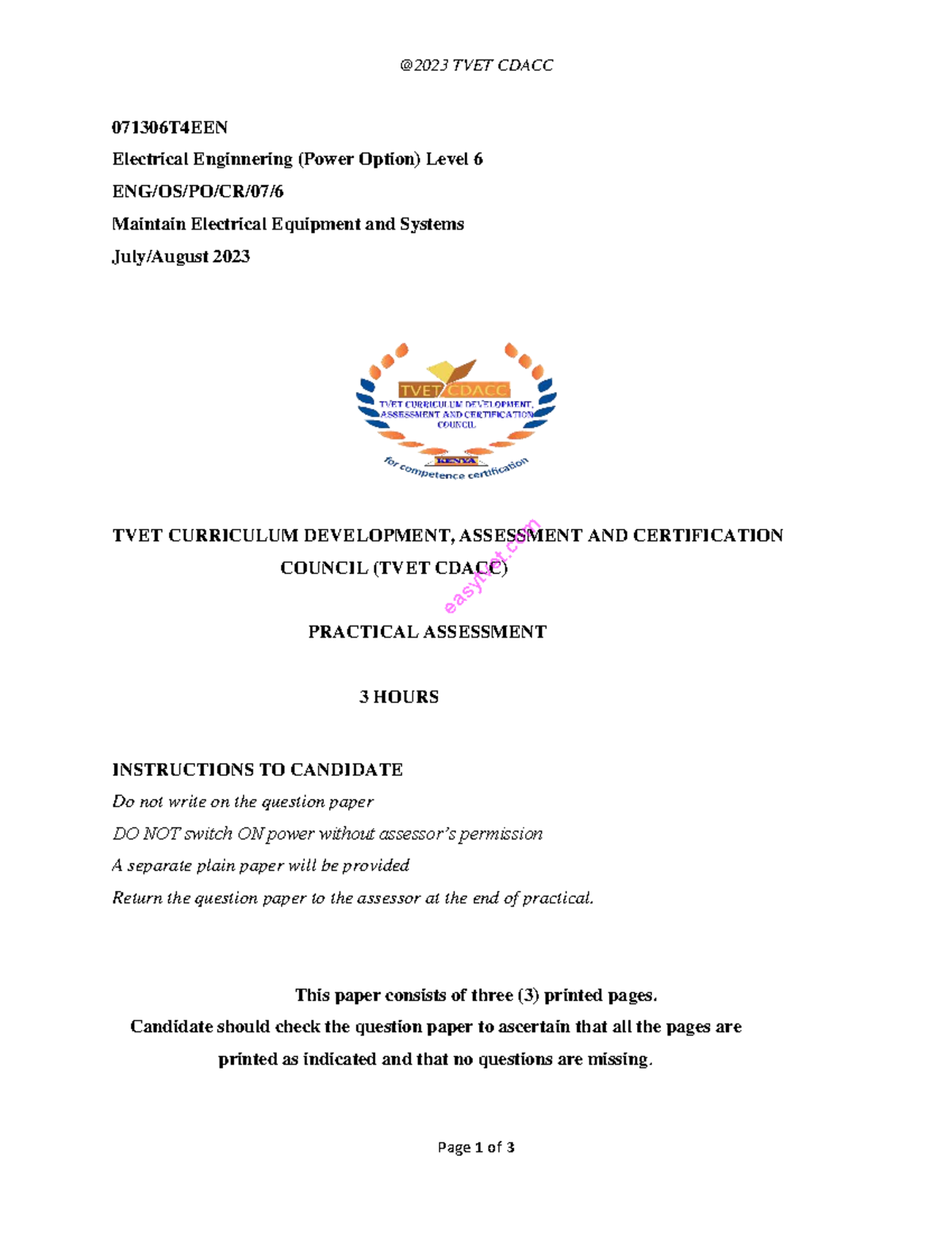 TVET CDACC 071306T4EEN Electrical Engineering Level 6 Practical ...