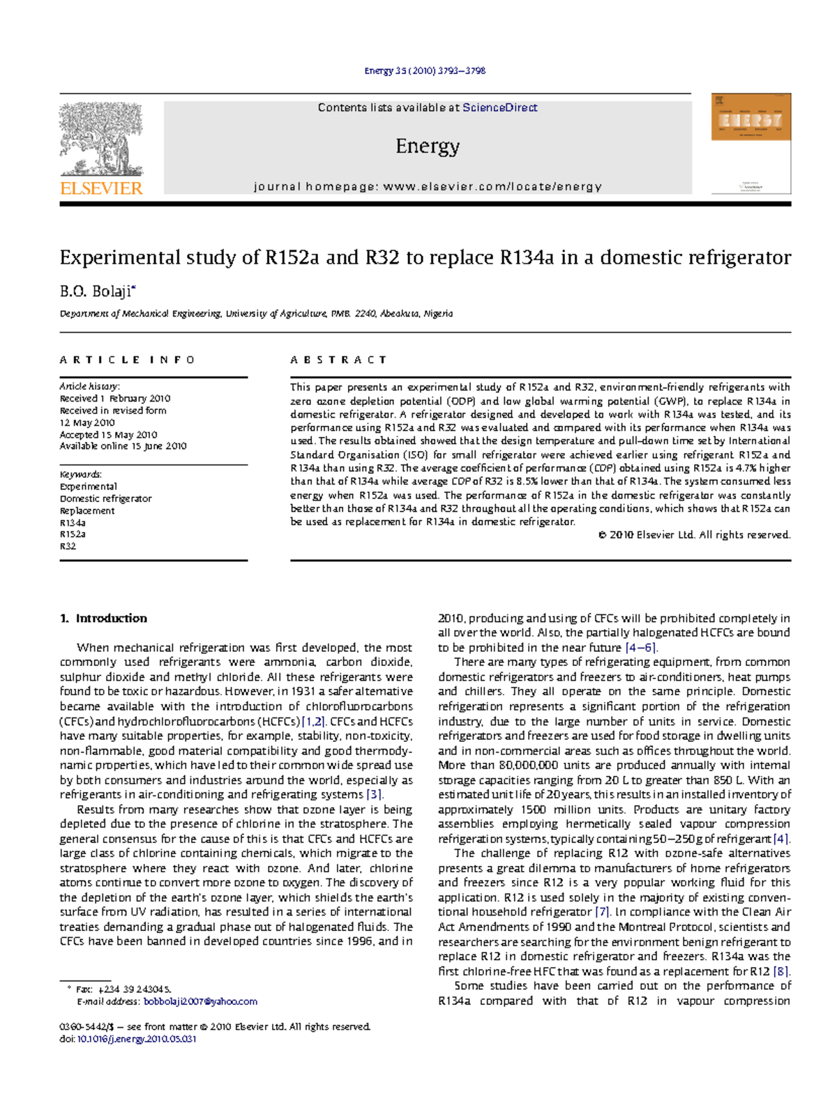Experimental Study of R152a and R32 as R134a Replacements in Domestic ...