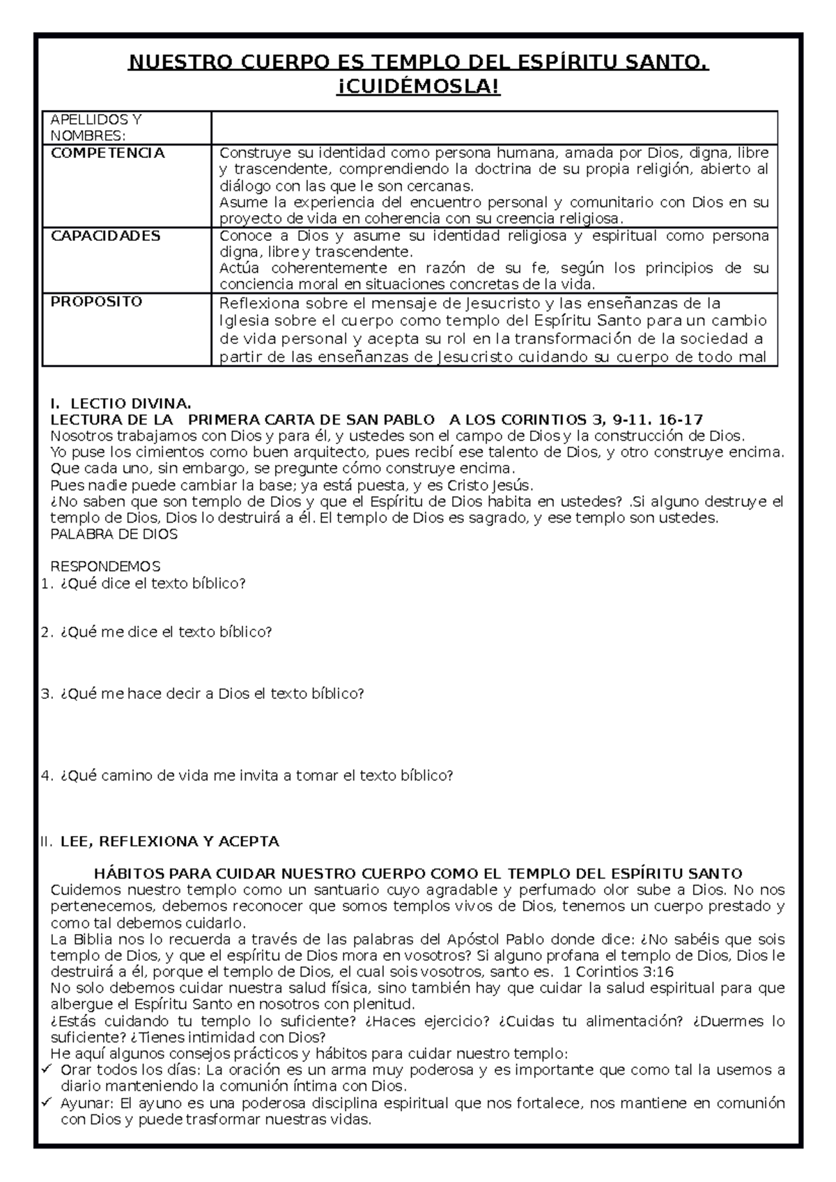 Cuidado del Cuerpo como Templo del Espíritu Santo: Reflexiones y Hábitos - Studocu