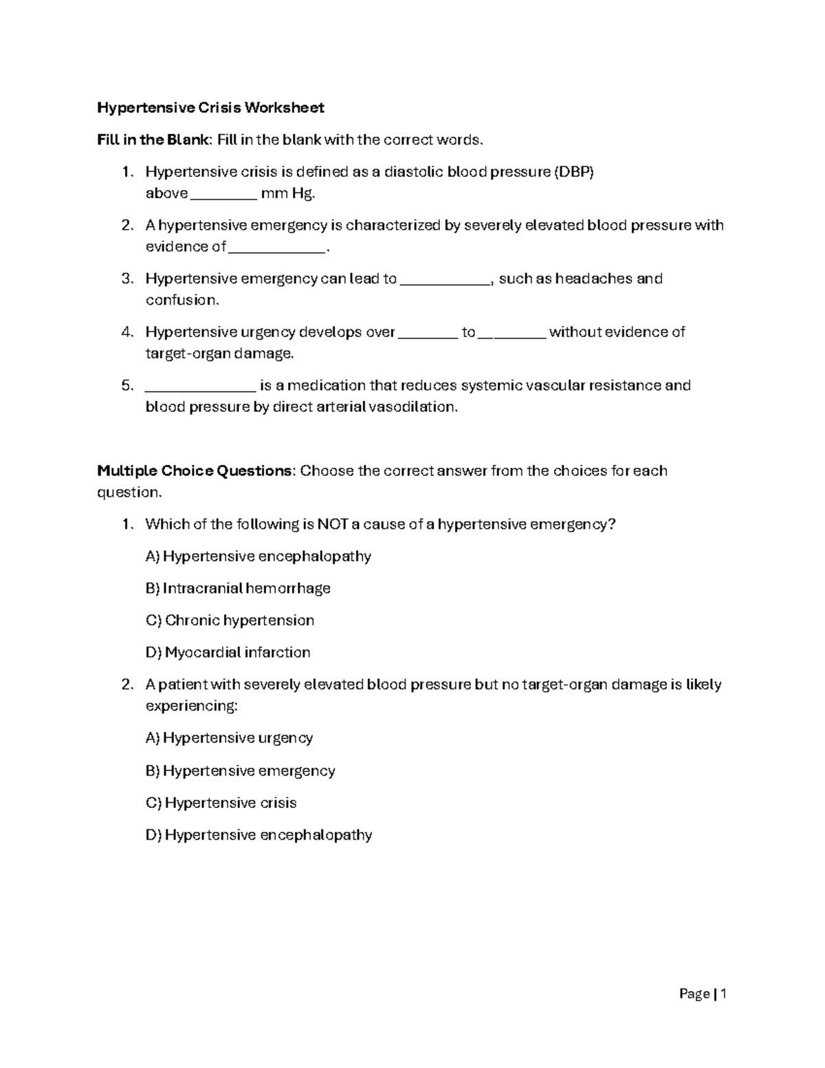 Hypertensive Crisis Worksheet: Fill in the Blanks & MCQs - Studocu