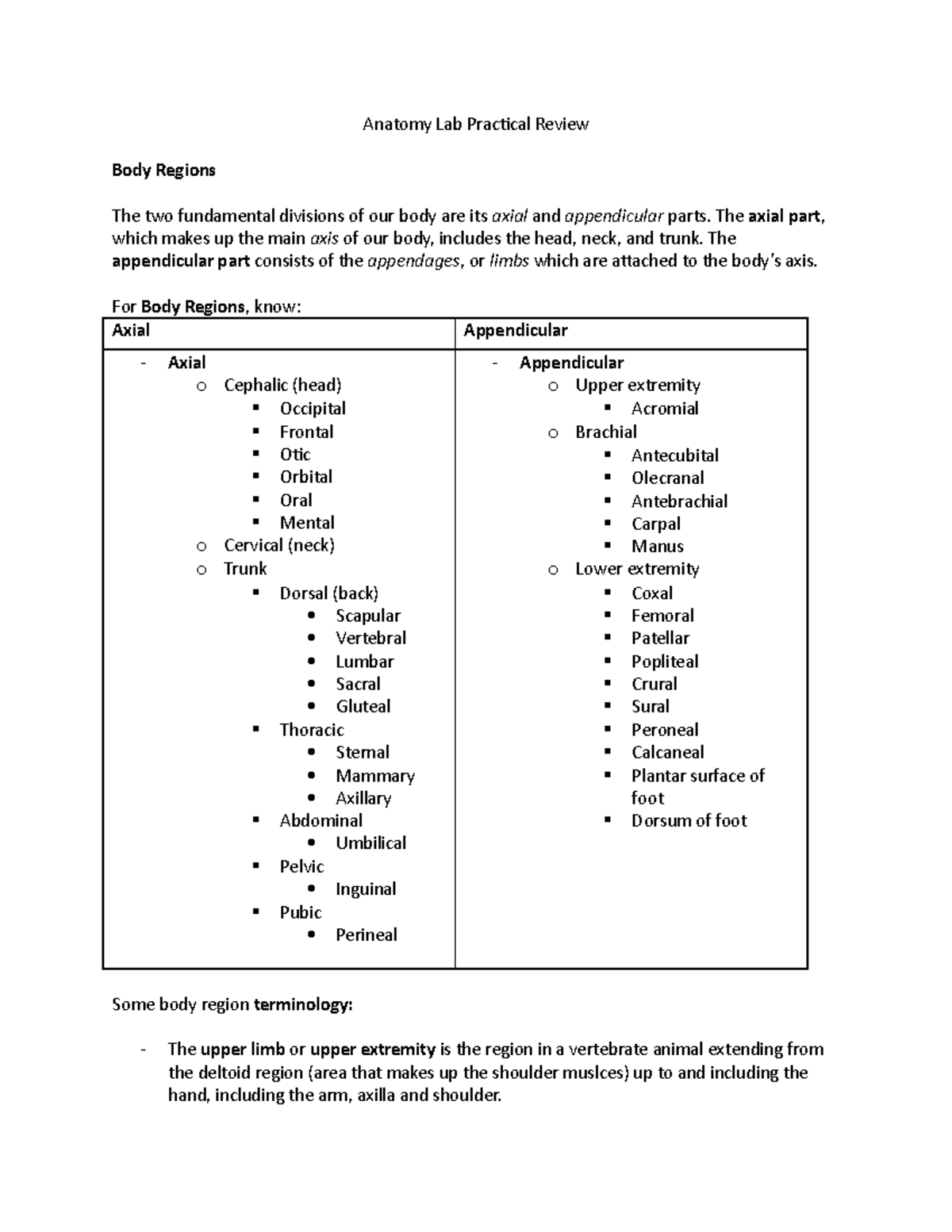 Anatomy Lab Practical Review: Body Regions, Membranes & Directional ...