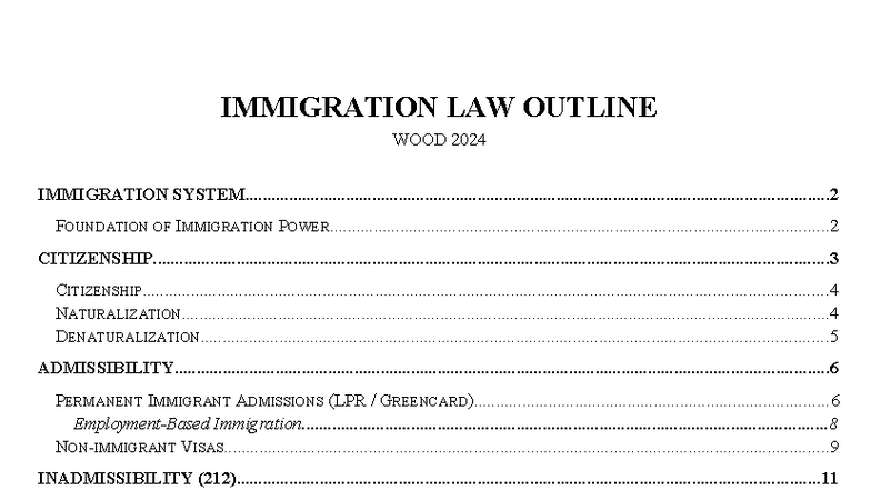 IMMIGRATION LAW OUTLINE (LAW 2024) - COMPREHENSIVE GUIDE - Studocu