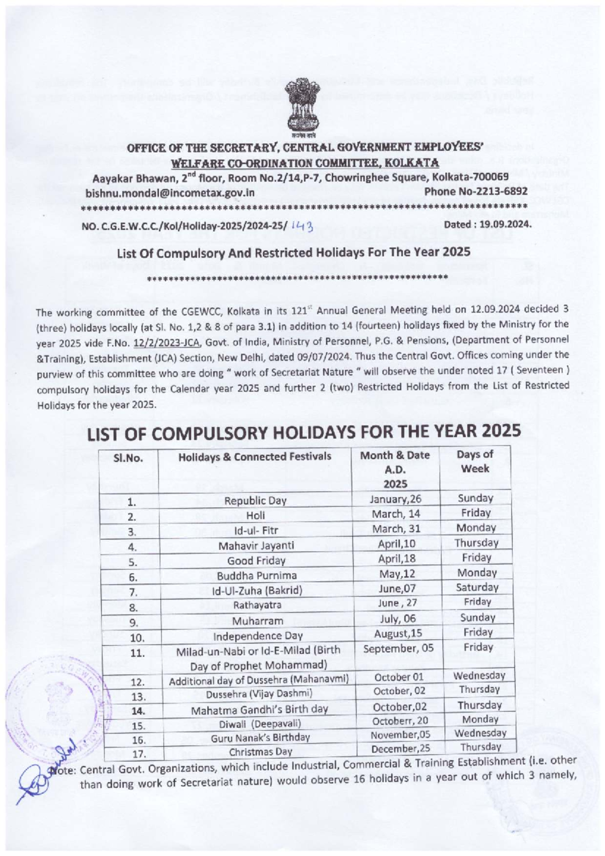 List of Compulsory and Restricted Holidays for 2025 - CGEWCC - Studocu