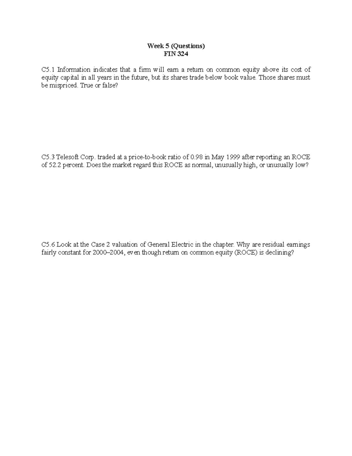 Week 5 Questions - Tutorial Work - Week 5 (Questions) FIN 324 C5 ...