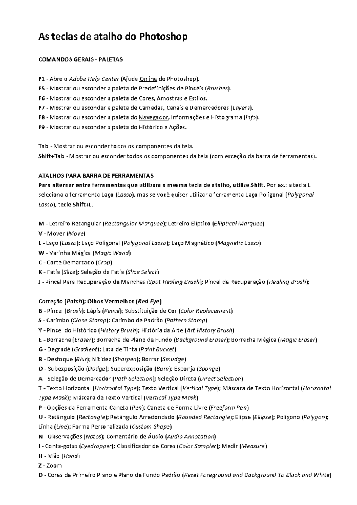 Atalhos de Teclado do Photoshop - COMANDOS GERAIS e PALETAS - Studocu