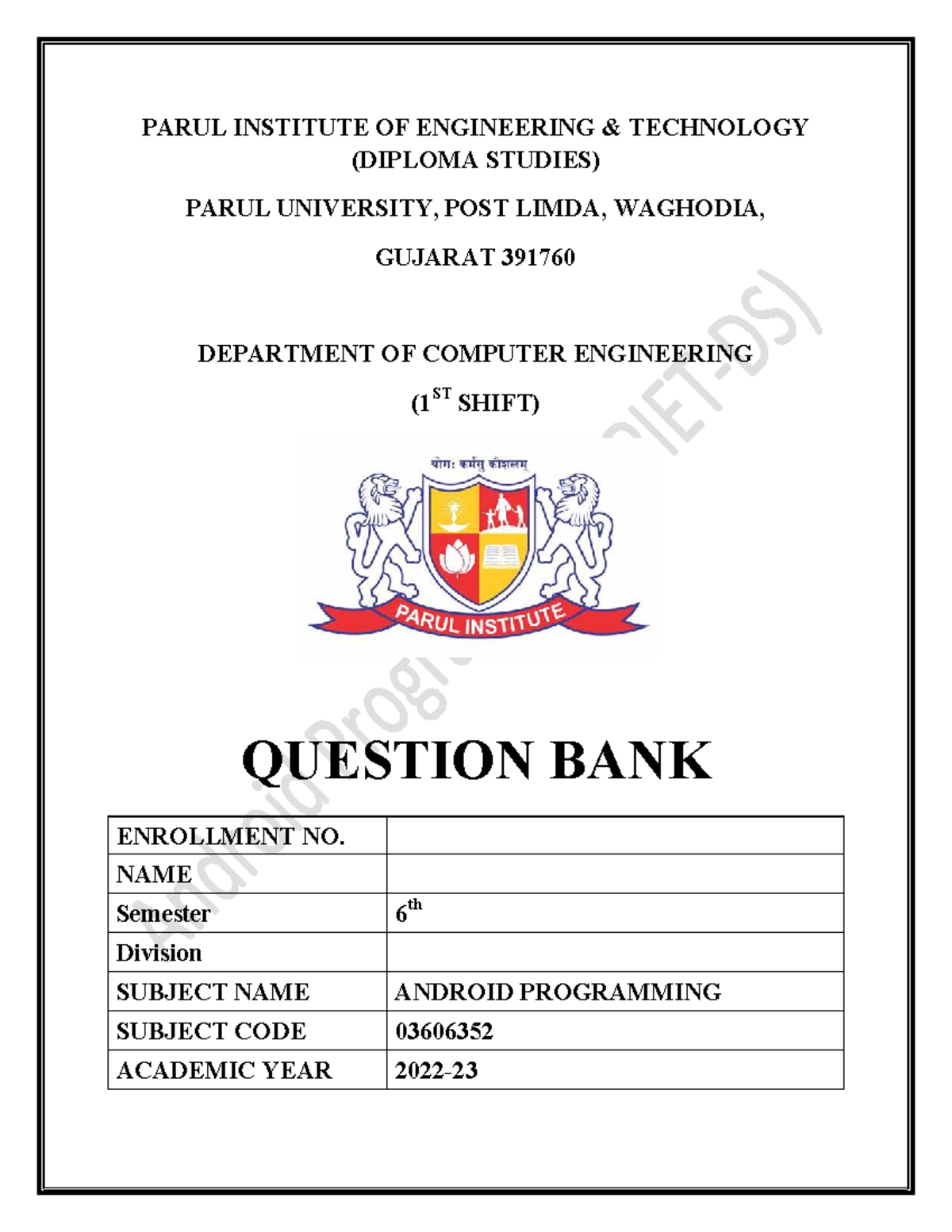 Android Programming Question Bank for 6th Sem Midterm Exam (03606352 ...