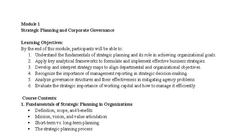 Module 1: Strategic Planning & Corporate Governance Overview - Studocu