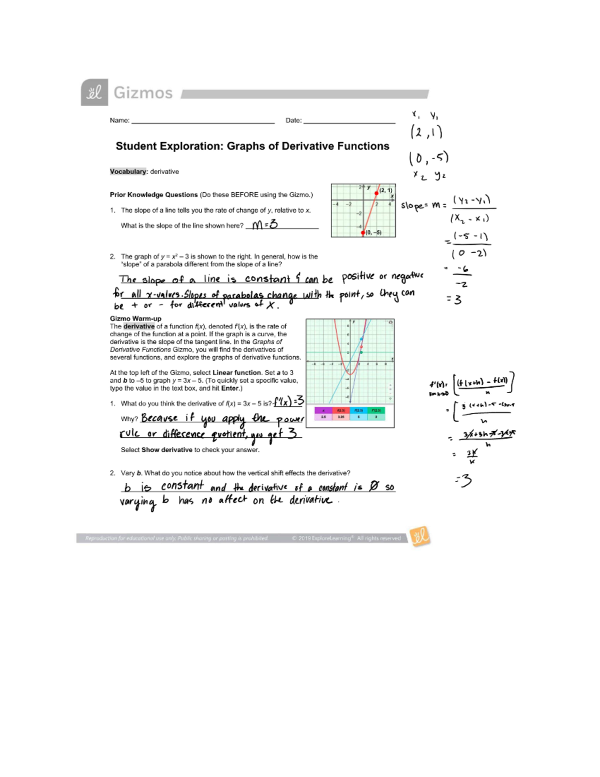 Gizmo Gizmos Unit 1 Graphs of Derivatives Pics Google Docs - X, v, (2,0) (0,-5) Name: Date ...