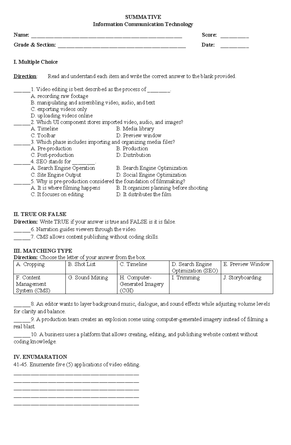 3rd QE ICT Summative Exam: Video Editing & Media Concepts - Studocu