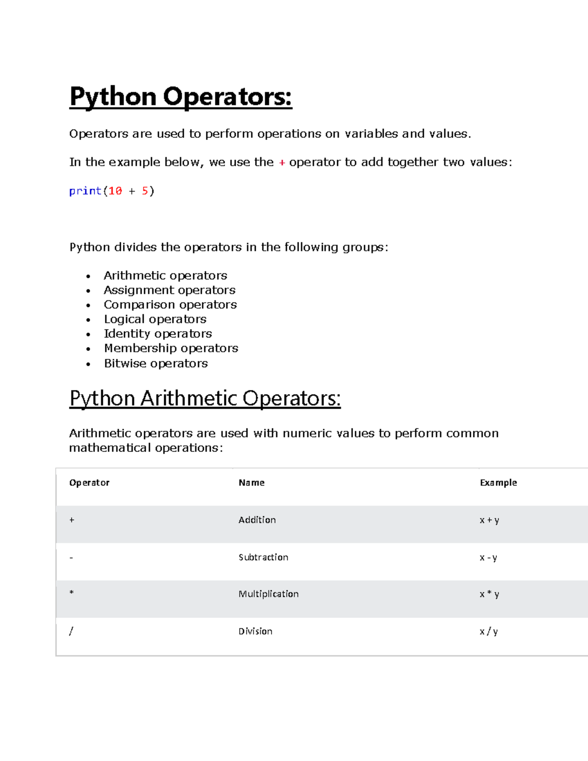 Python Unit-1: Understanding Operators and Their Functions - Studocu