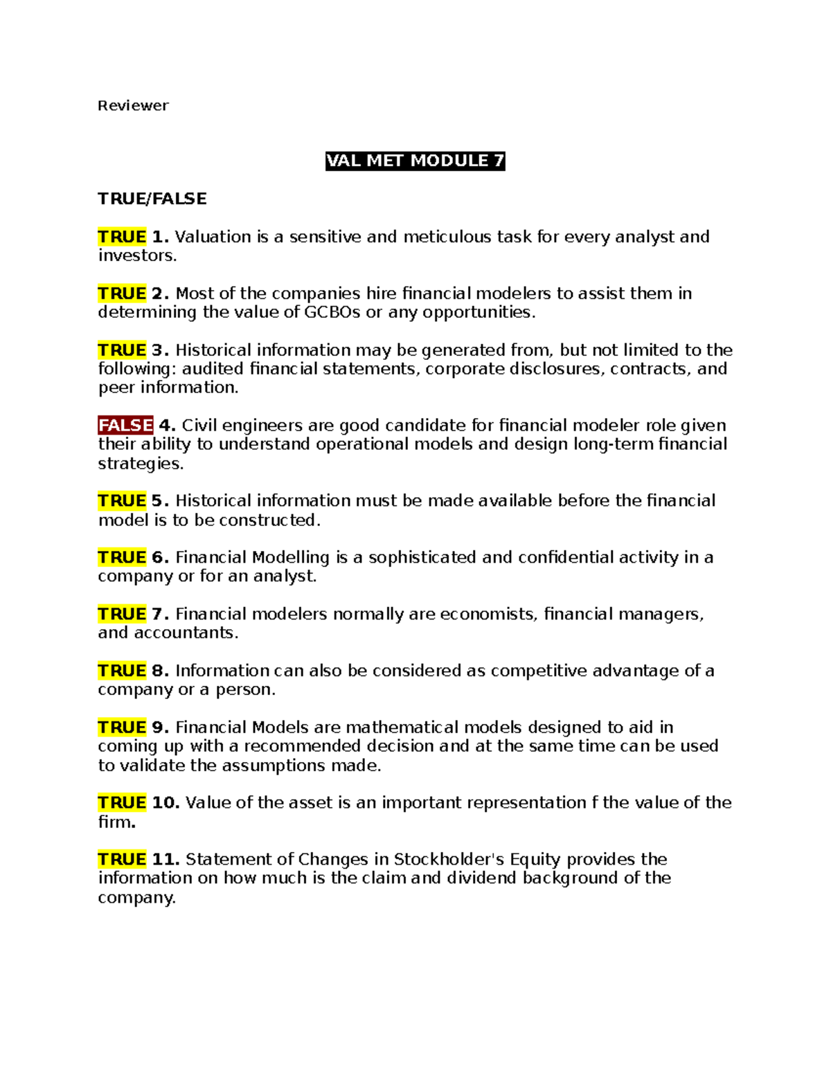 Valmet Financial Modelling Review: True/False Insights (Module 7) - Studocu