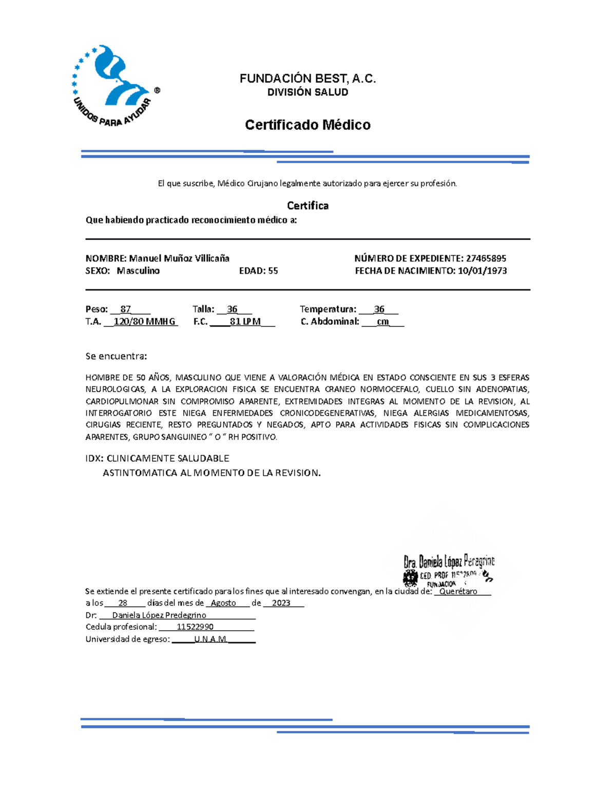 Certificado Médico - Manuel Muñoz Villicaña (Exp. 27465895) - Agosto ...