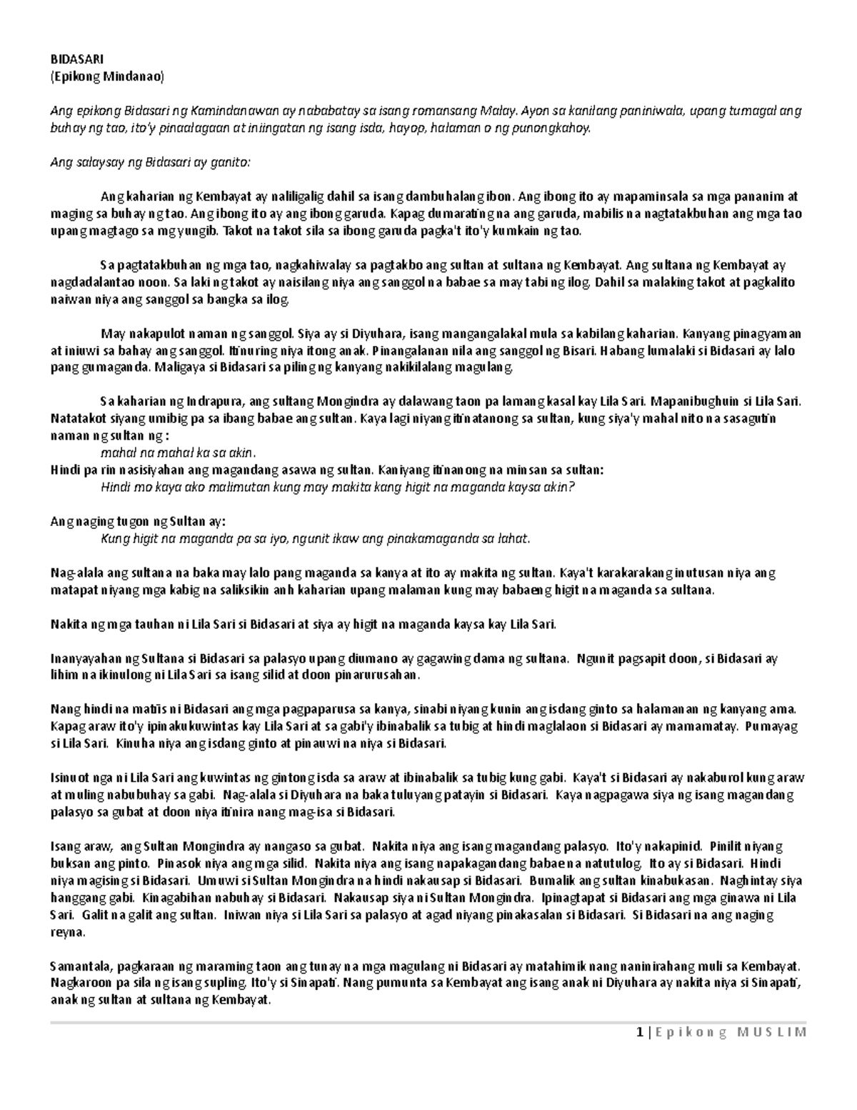 Epikong Mindanao: Bidasari, Darangan, at Bantugan na mga Kwento - Studocu