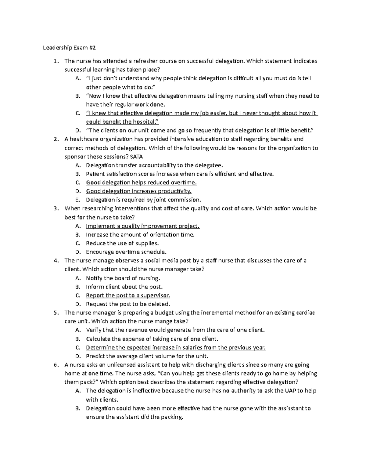 Leadership Exam 2 - Comprehensive Test Bank on Delegation and ...