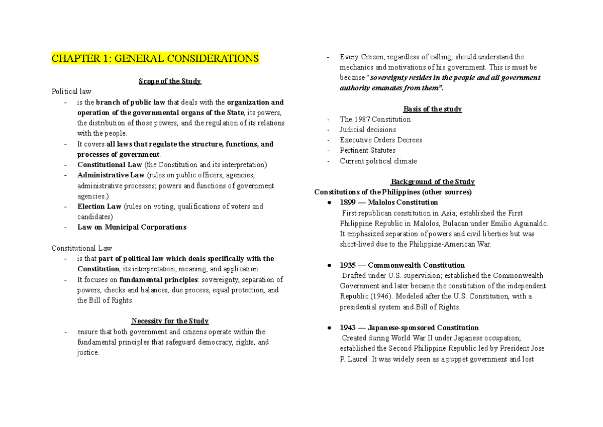 CHAPTER 1: GENERAL CONSIDERATIONS IN POLITICAL LAW (Consti 1) - Studocu