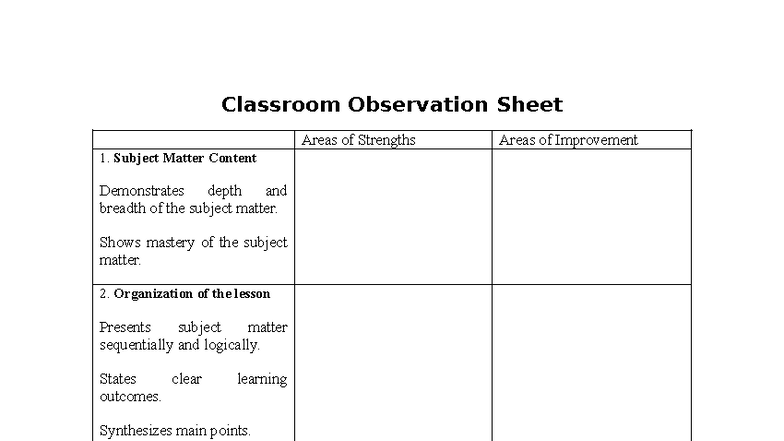 Classroom Observation Sheet: Strengths & Areas for Improvement - Studocu
