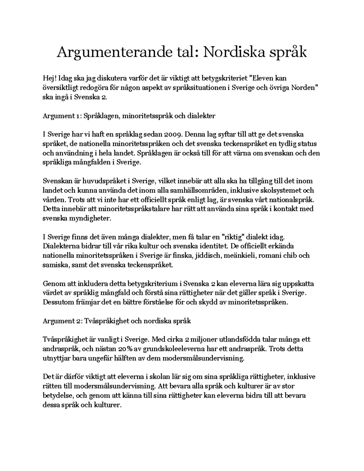Argumenterande tal om Nordiska språk i Svenska 2 - Studocu