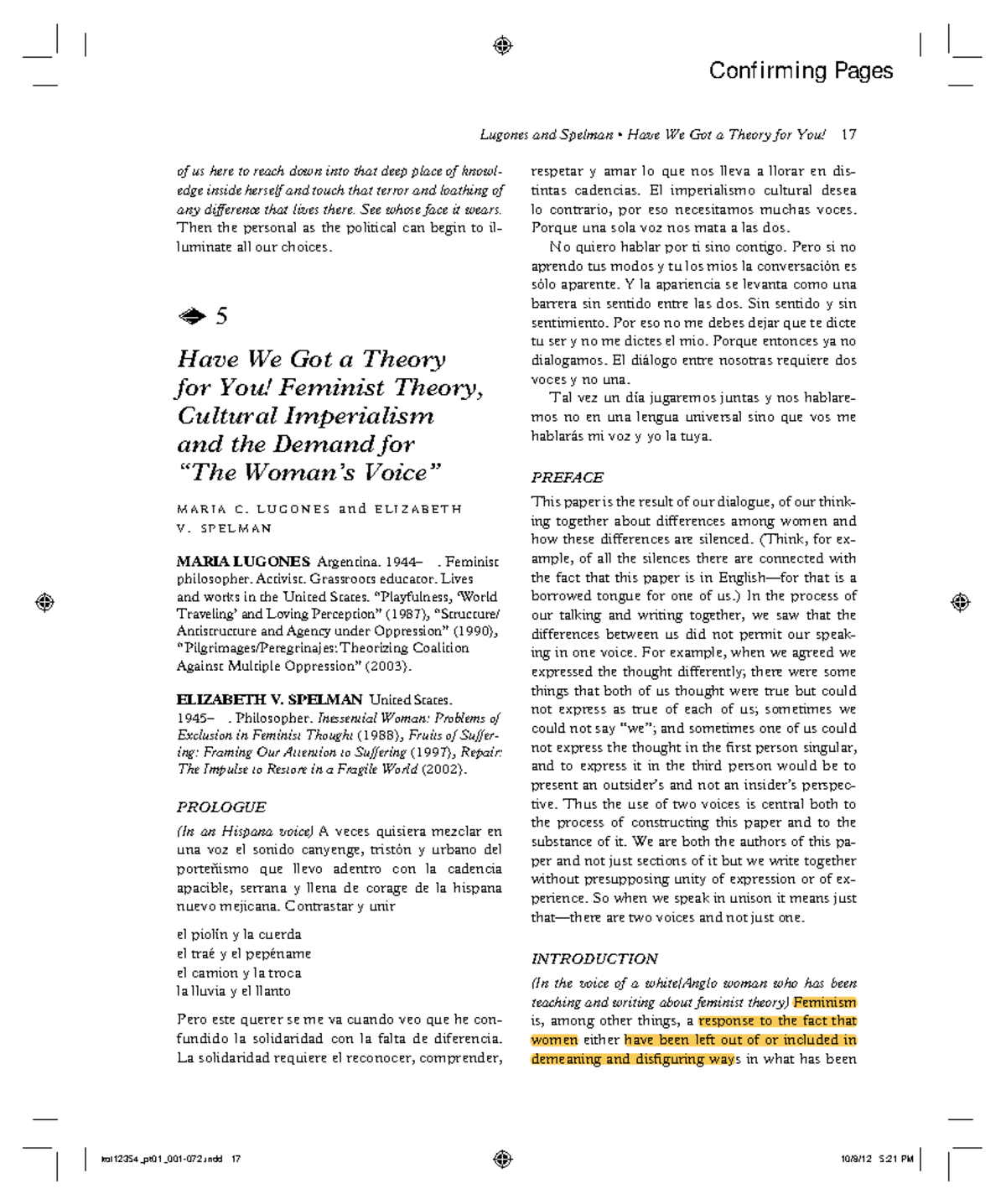 Feminist Theory and Women's Voices: Insights from Lugones & Spelman ...