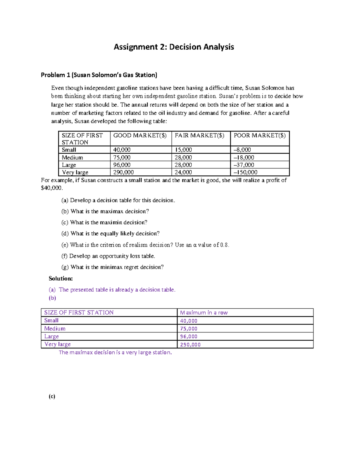 Assignment 2 Decision Analysis Solution - Assignment 2: Decision Analysis Problem 1 (Susan ...