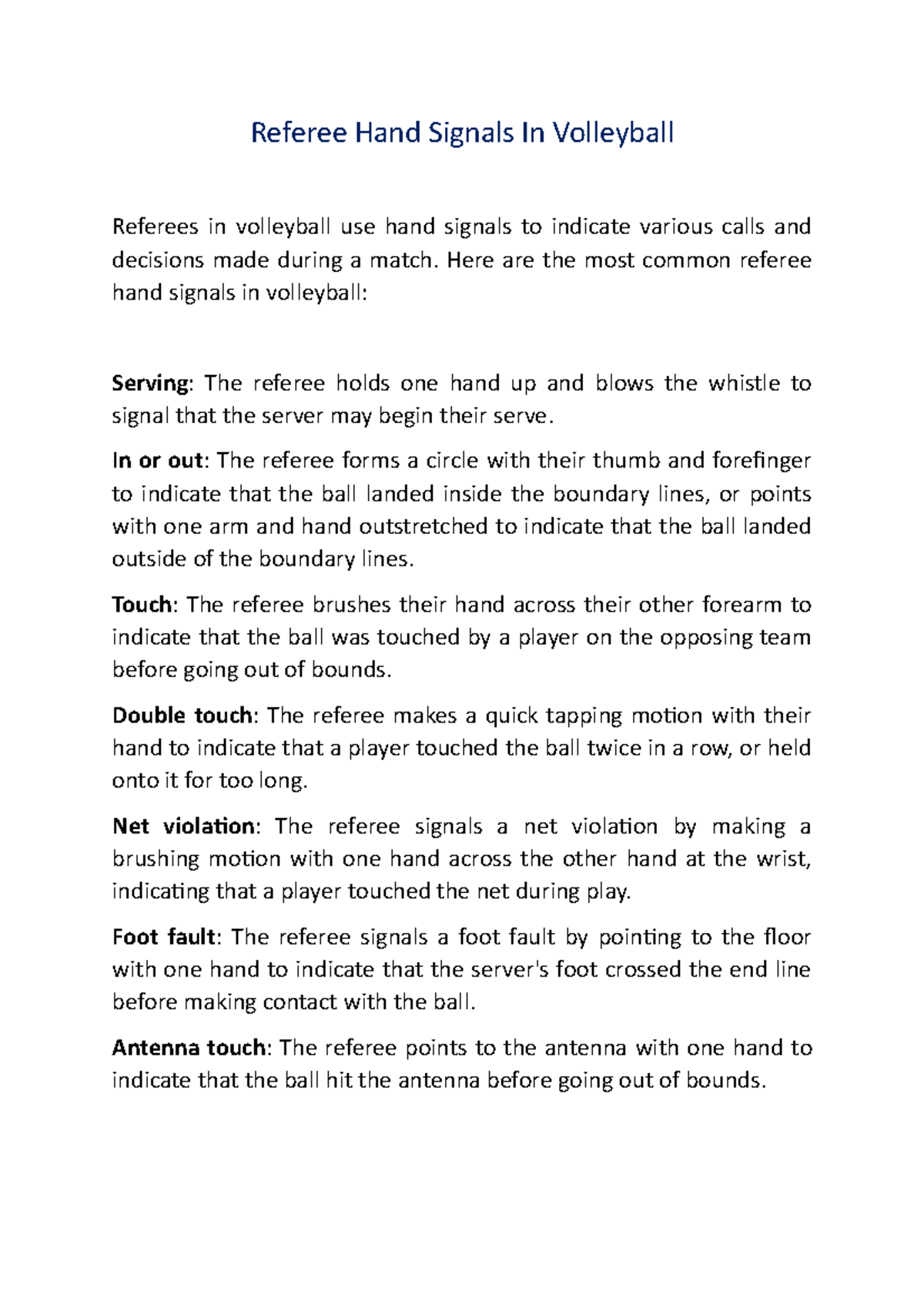 Referee Hand Signals in Volleyball: Essential Guide for Officials - Studocu