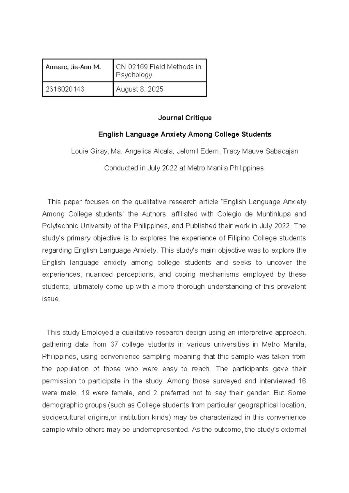 Journal Critique: English Language Anxiety Among College Students (CN ...