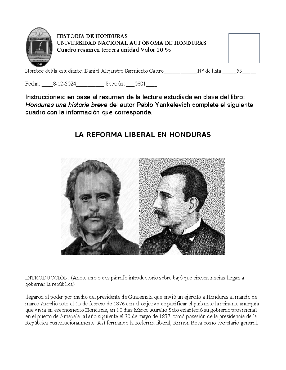 Tarea Cuadro Resumen Reforma Liberal - HISTORIA DE HONDURAS UNIVERSIDAD ...