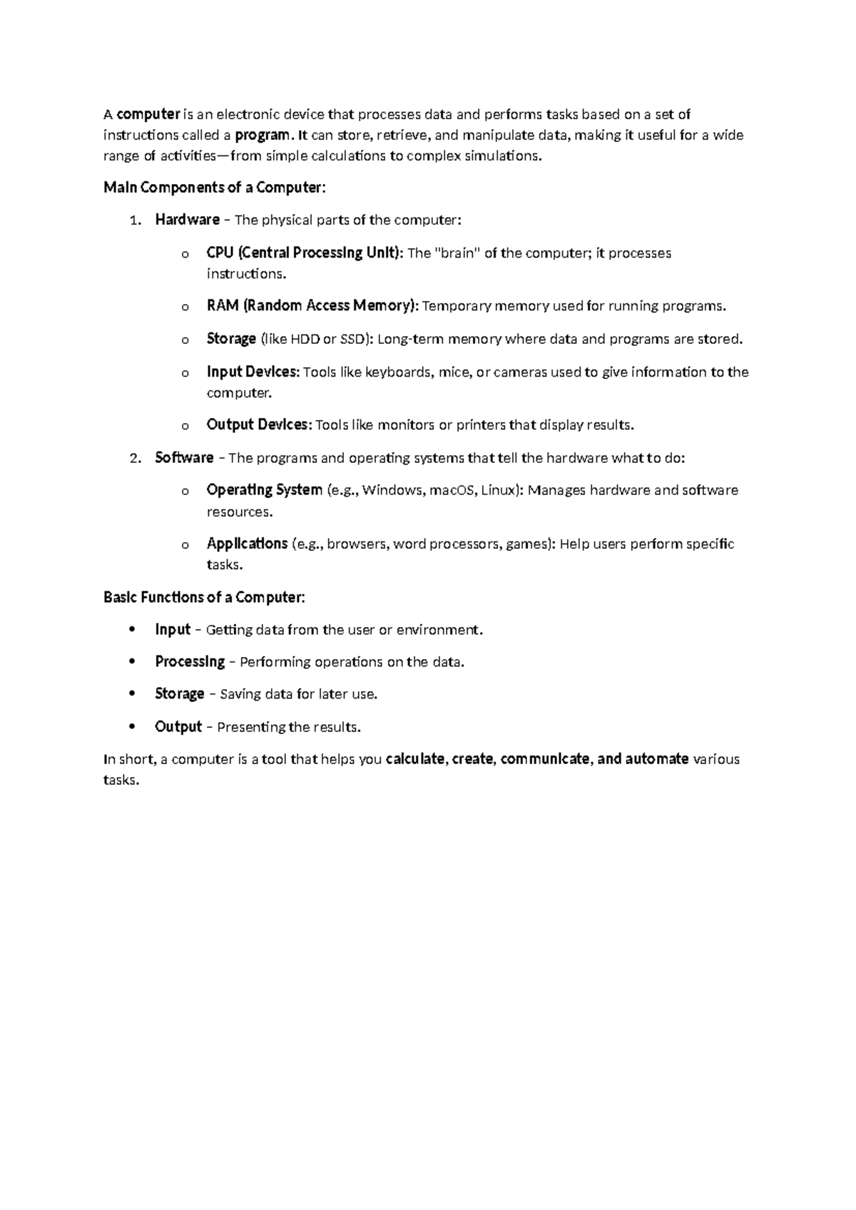 EOS 101: Computer Basics and Main Components Notes - Studocu