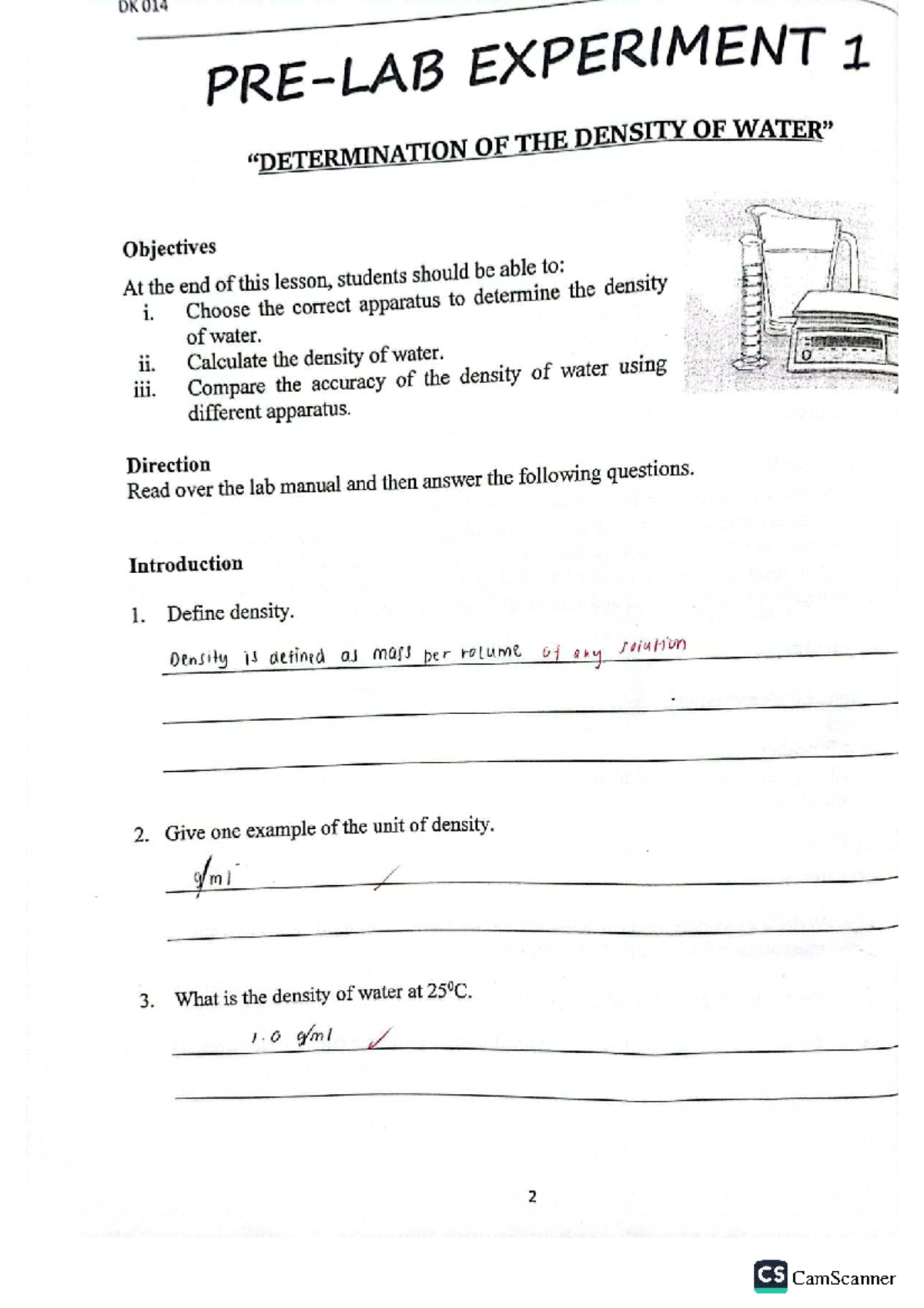 DK 014 Pre-Lab: Experiment 1 on Water Density Determination - Studocu