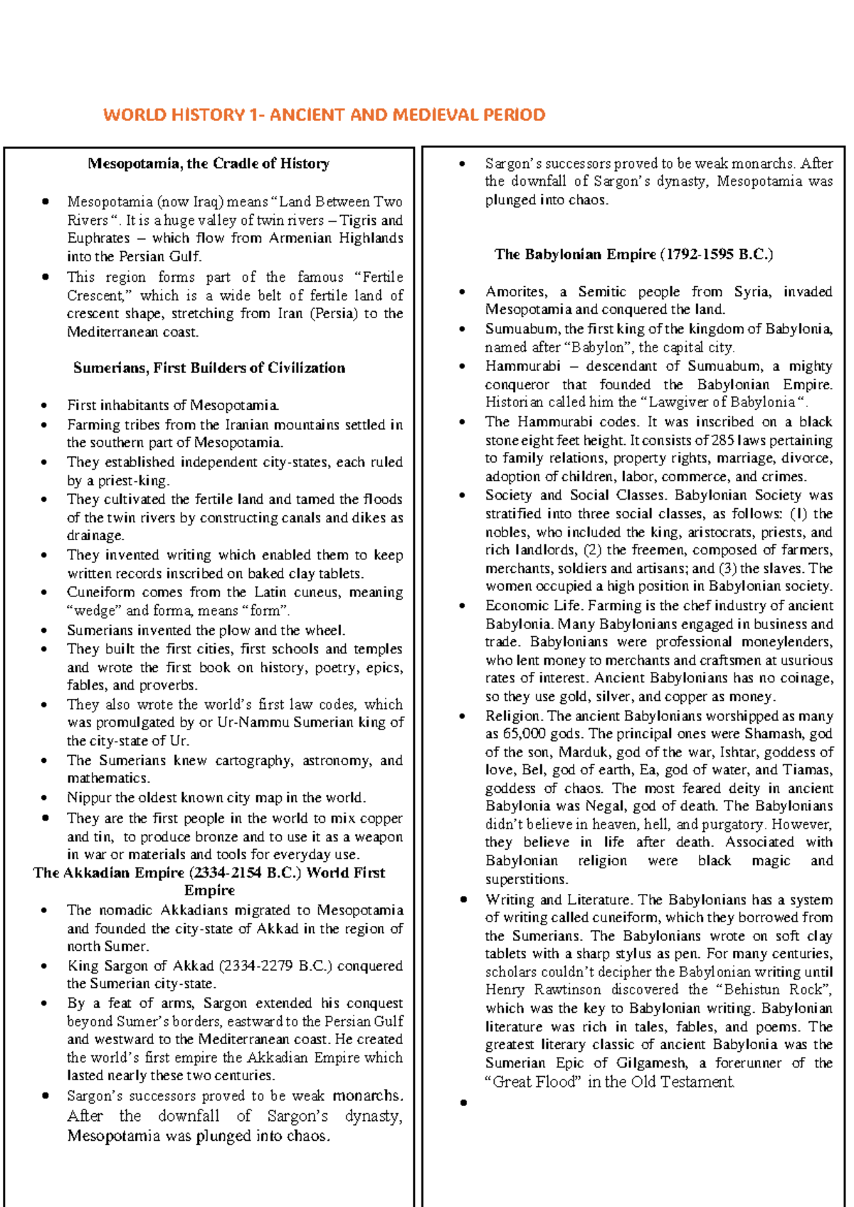 WORLD HISTORY REVIEWER: ANCIENT & MEDIEVAL PERIODS (HIST 101) - Studocu