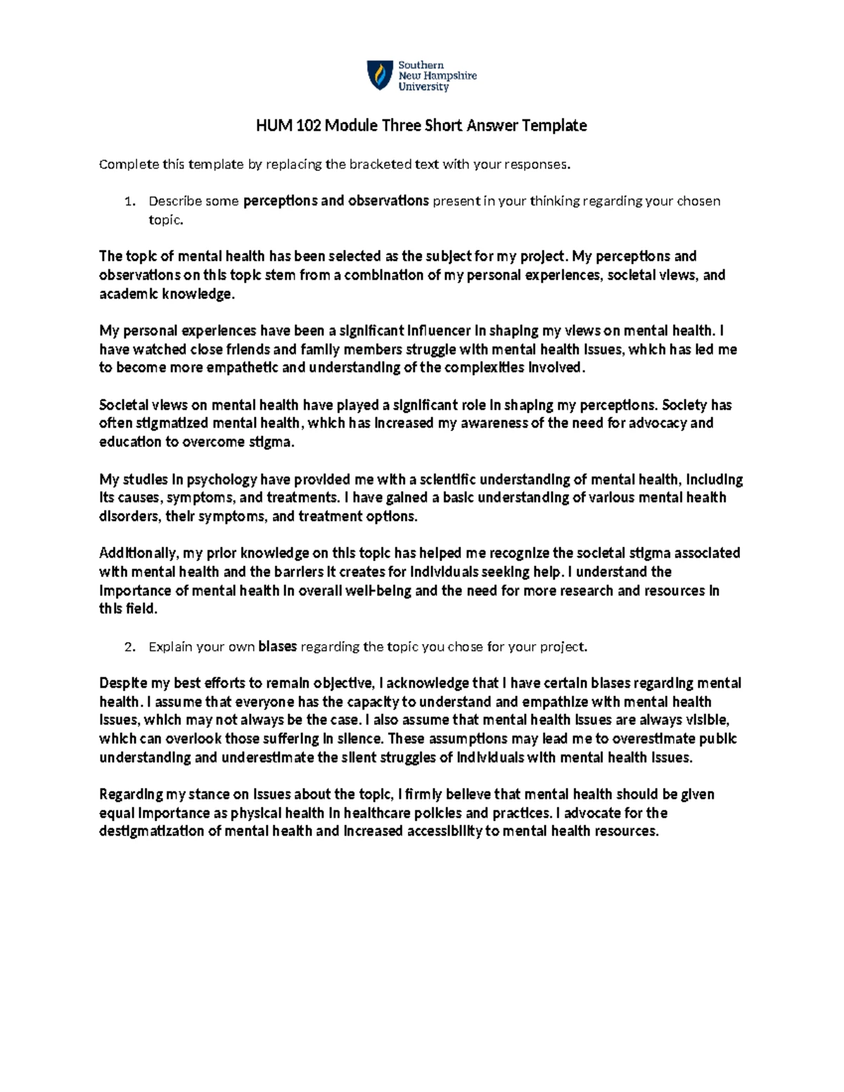 HUM 102 Module 3 Mental Health Stigma and Personal Biases Analysis ...