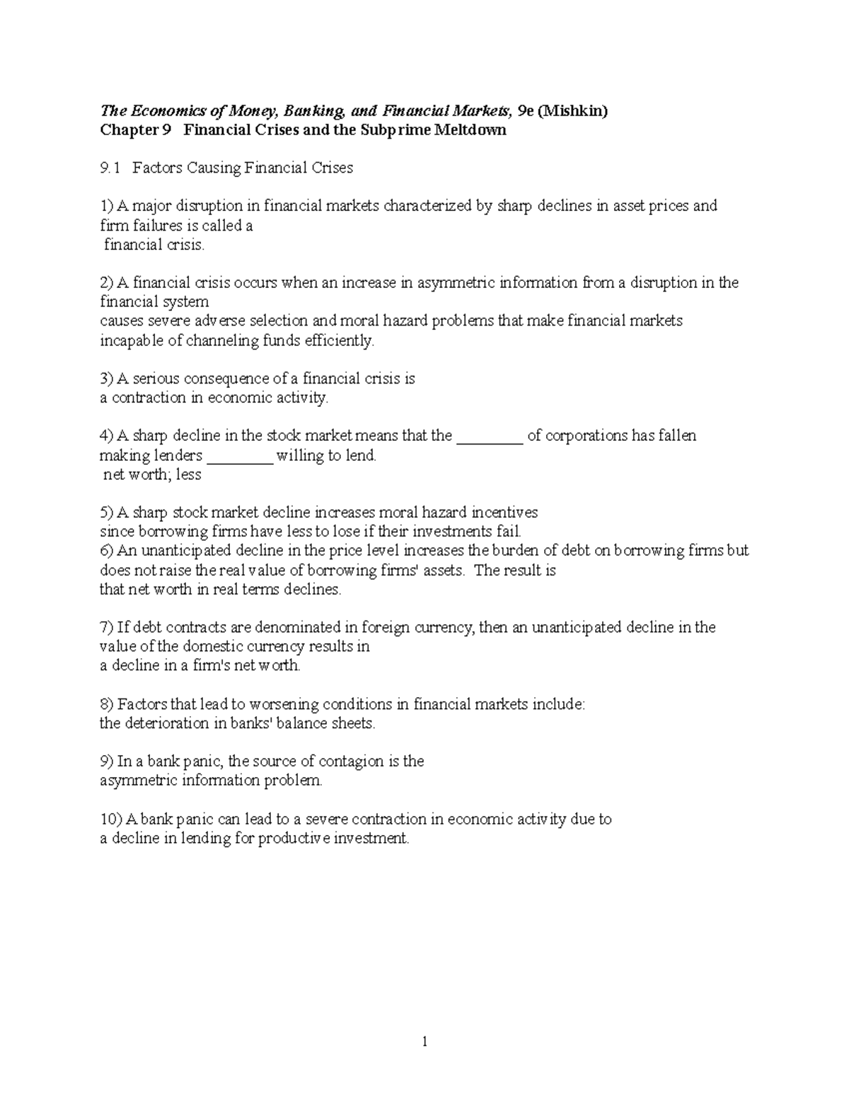 Chap09 - Financial Crises and the Subprime Meltdown Test Bank - Studocu