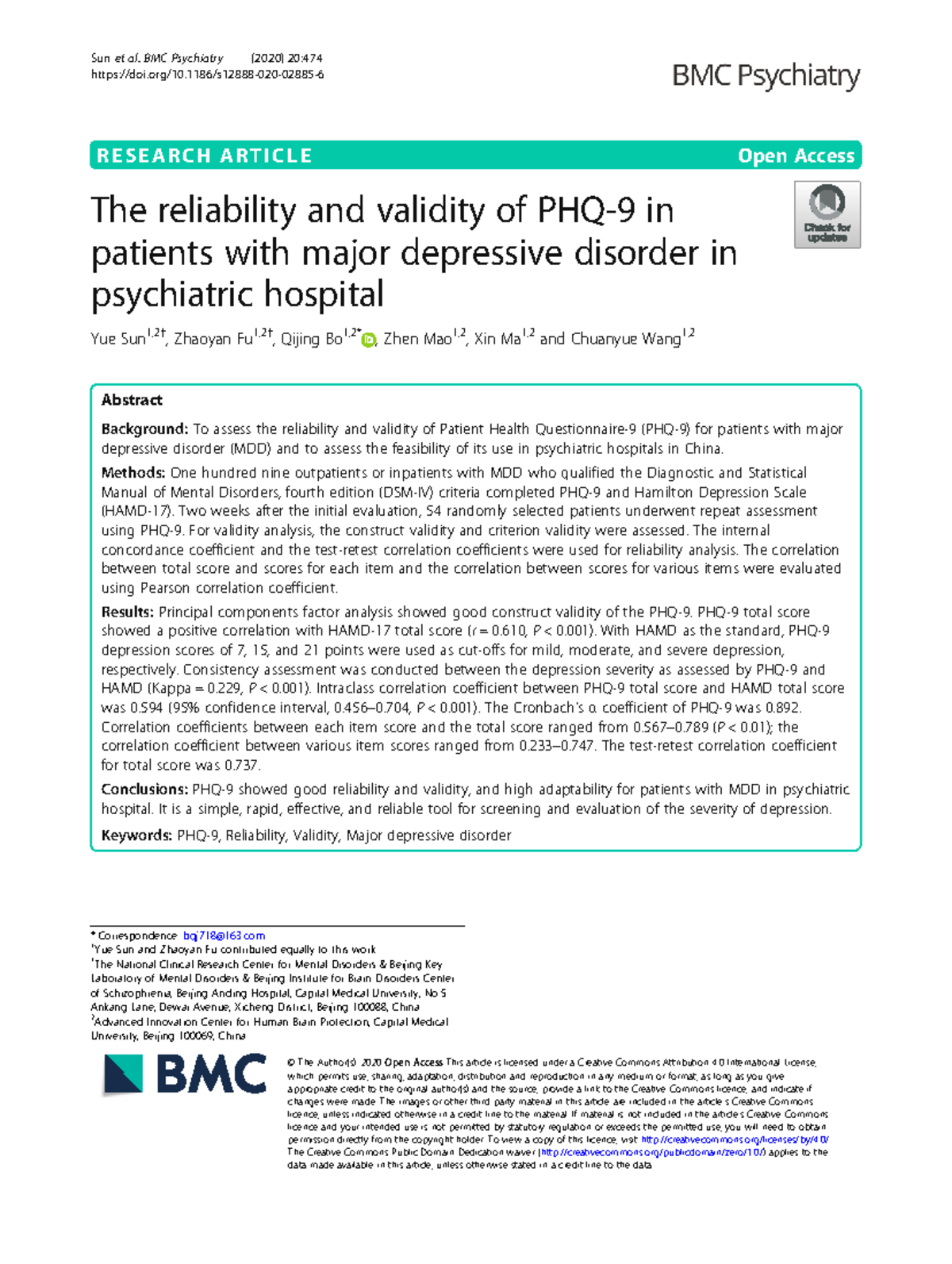 Reliability and Validity of Patient Health Questionnaire in MDD ...