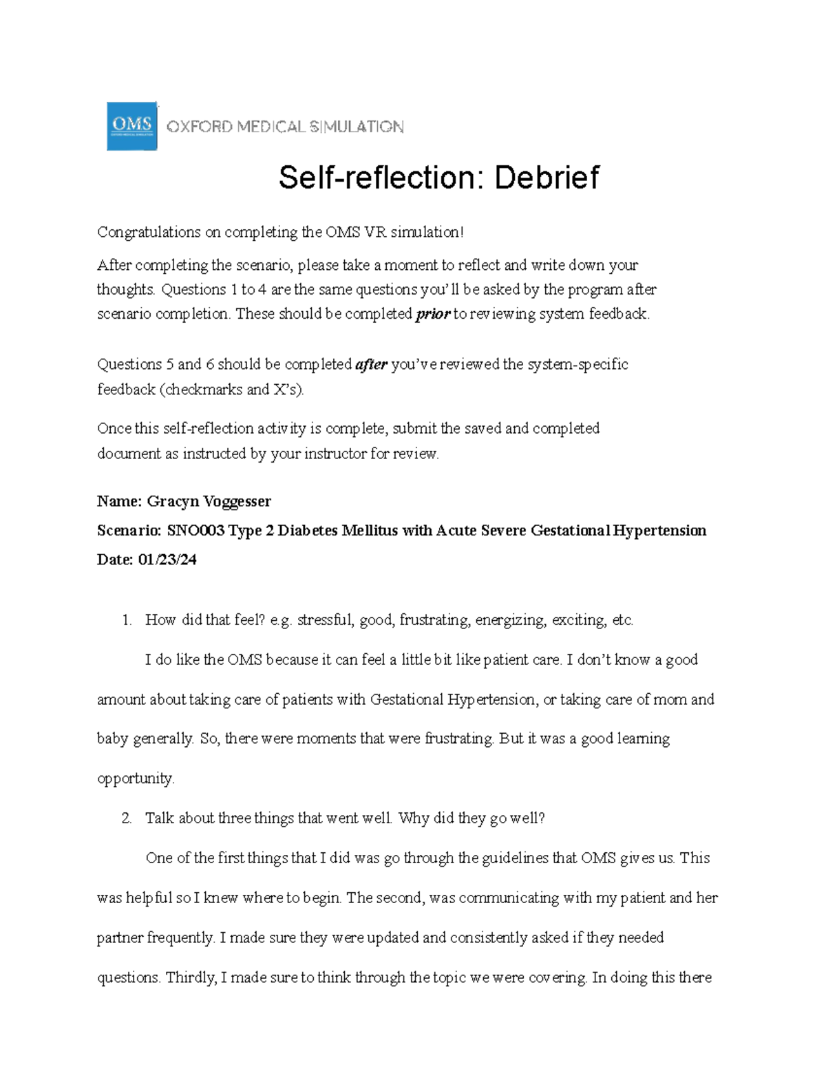 Self-Reflection Debrief for OMS SNO003 Diabetes Simulation - Studocu
