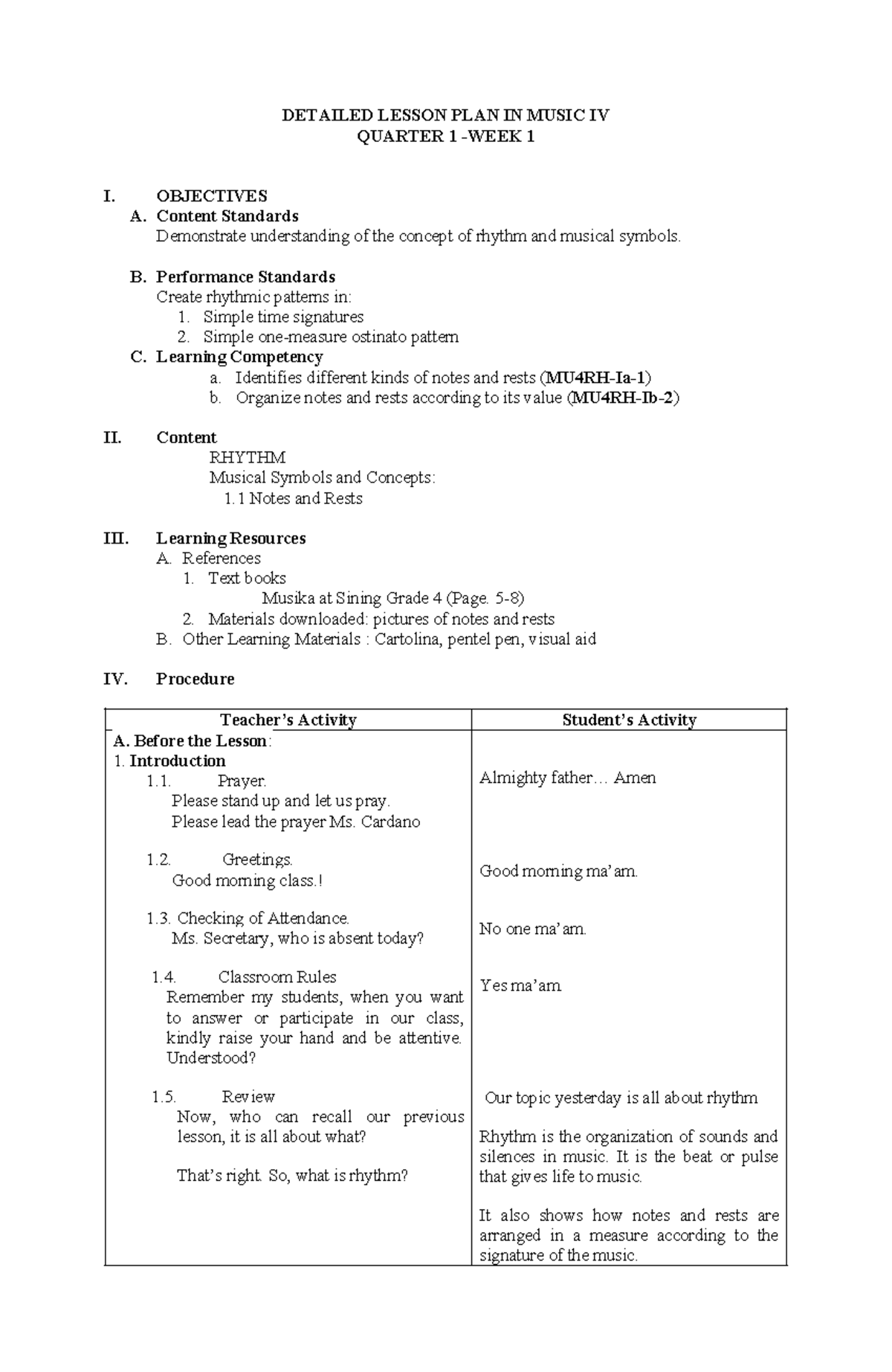 Detailed Lesson Plan for Music VI - Understanding Rhythm & Notes - Studocu