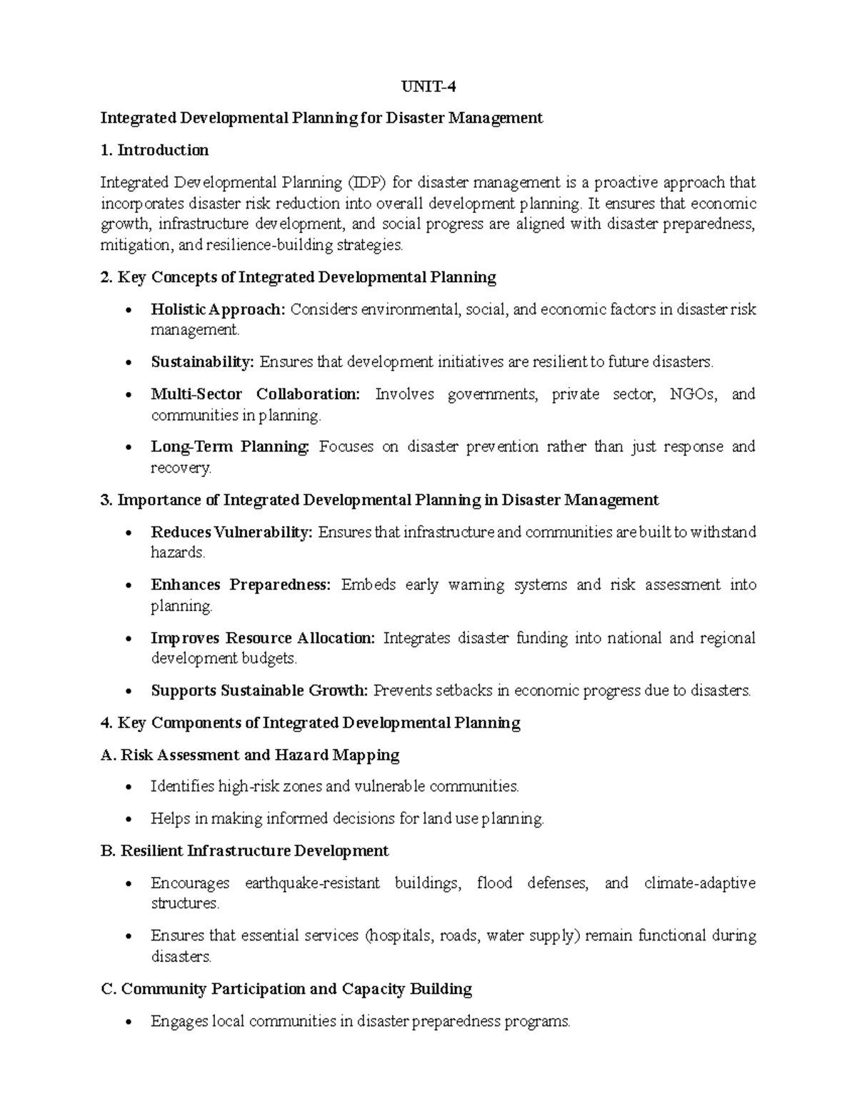 UNIT-4 Syllabus Notes: Integrated Developmental Planning for Disaster ...
