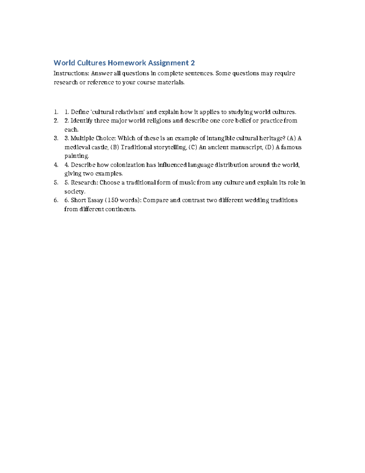 World Cultures HW Assignment 2: Exploring Global Religions & Traditions ...