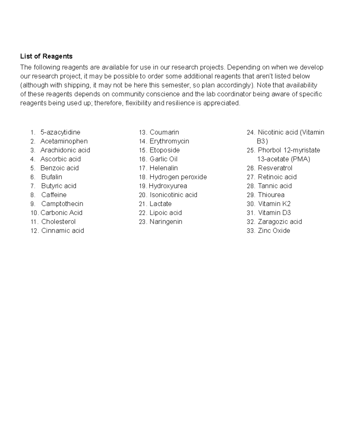 Reagents List for Research Projects: Availability & Planning - Studocu