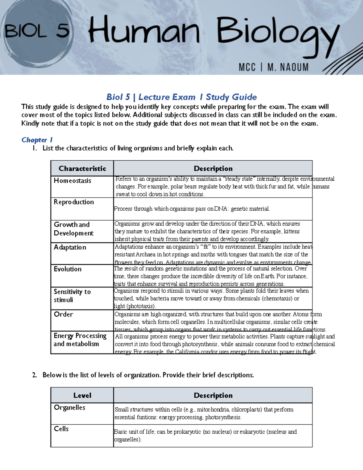 BIO101: Lecture Exam 1 Study Guide - Key Concepts Review - Studocu