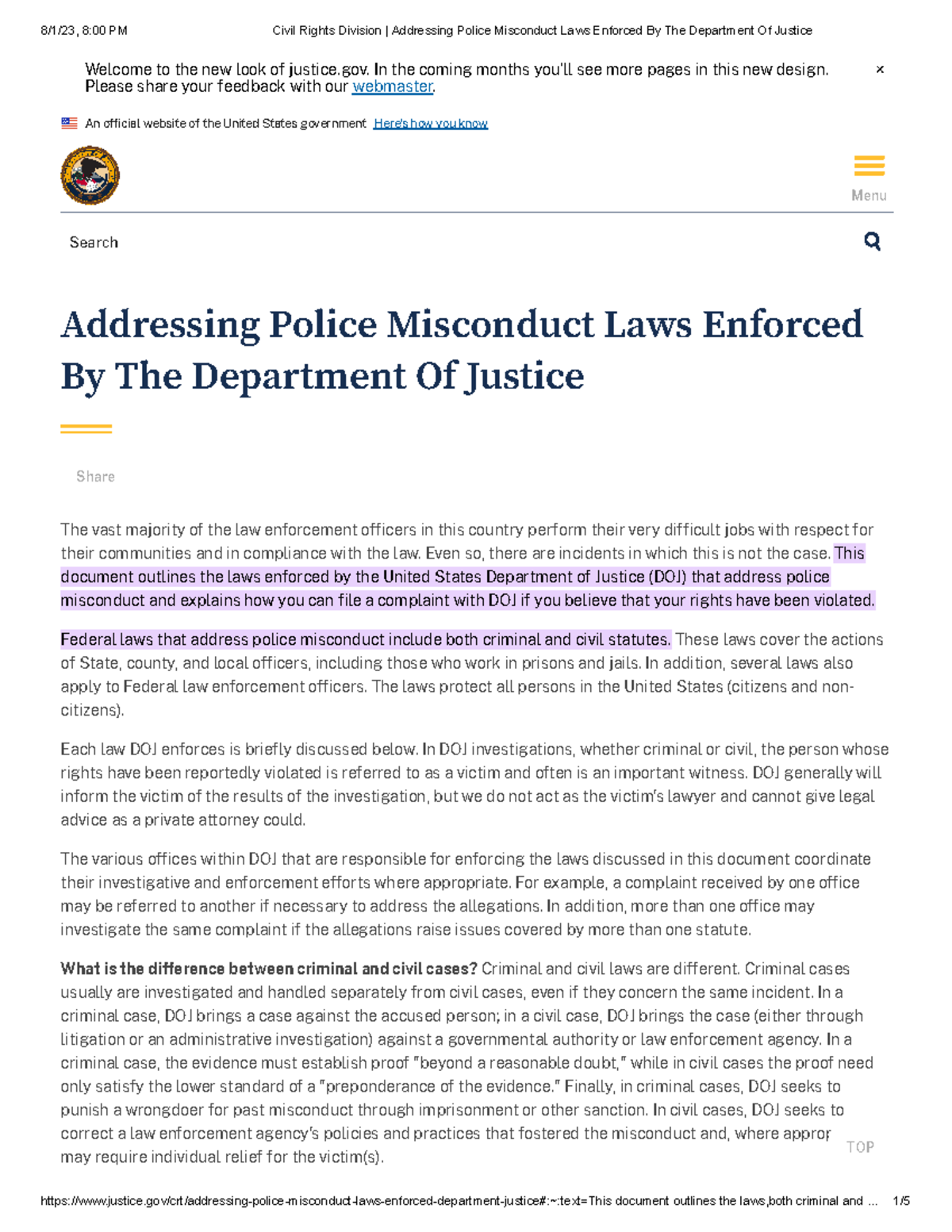 Civil Rights Division Addressing Police Misconduct Laws Enforced By The