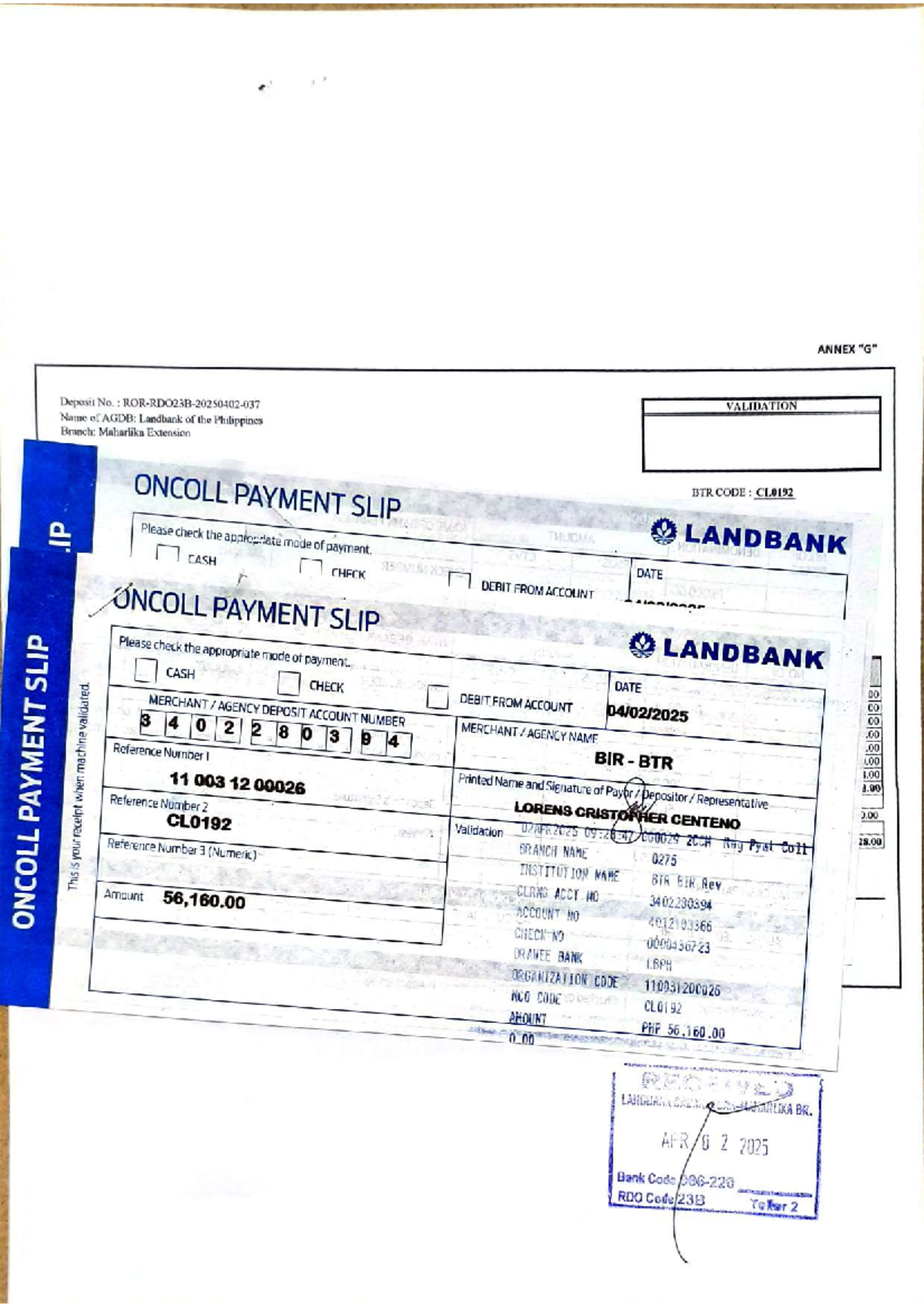 ANNEX VALIDATION: ONCOLL PAYMENT SLIP for CL0192 - Landbank - Studocu