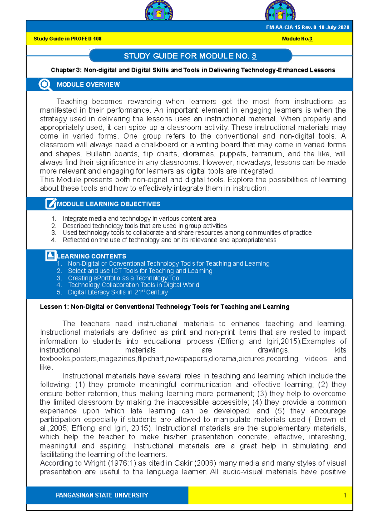 Module III: Non-Digital & Digital Skills in PROFED 108 Instruction ...