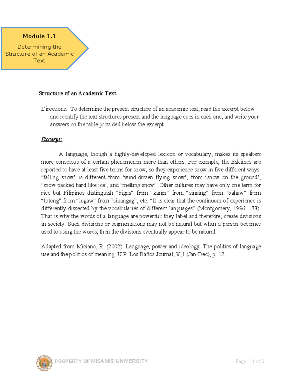 Module 1.1: Analyzing Academic Text Structures and Language Cues - Studocu