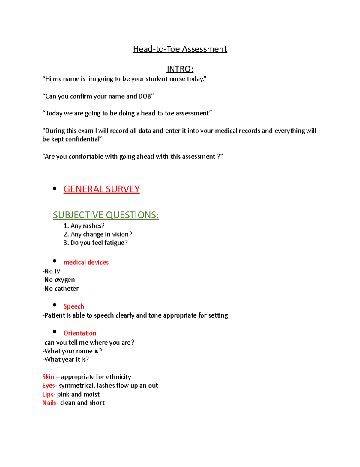 Script for head to toe - head to toe steps - Head-to-Toe Assessment ...