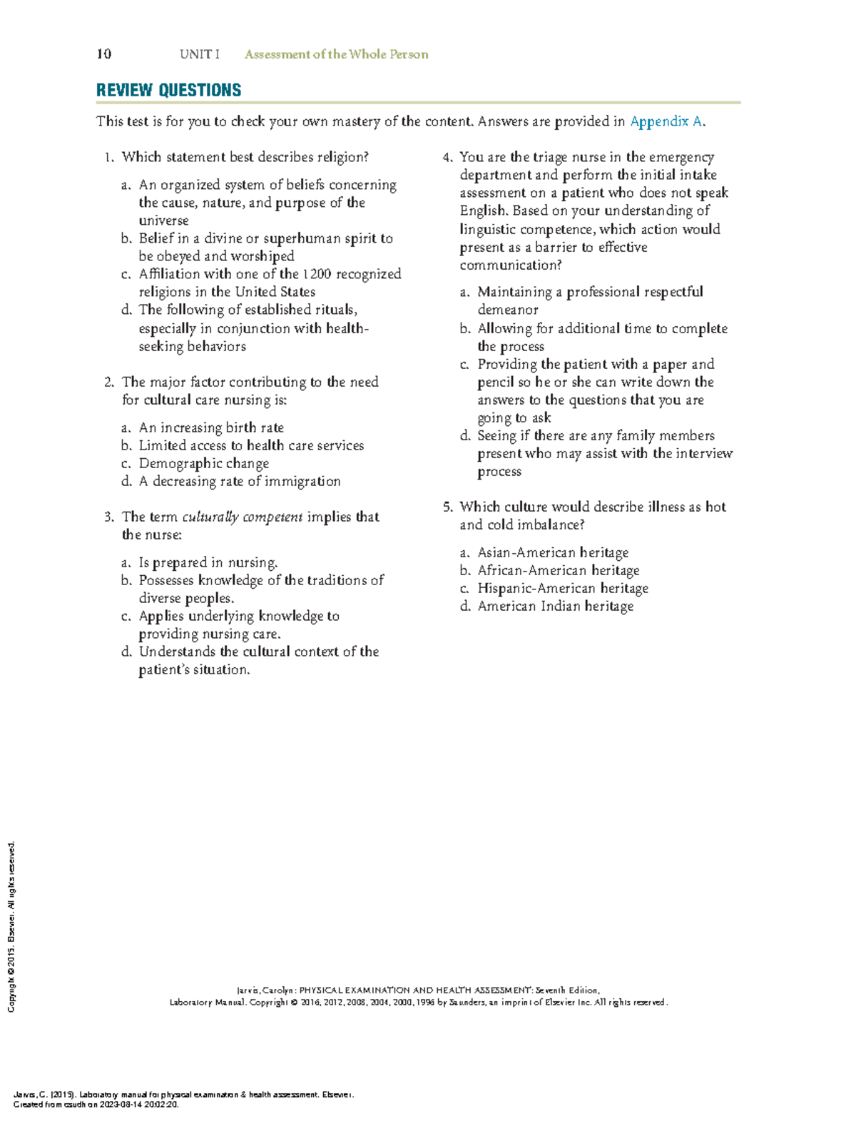 Cultural Competence Review Questions for 10 UNIT Assessment - Studocu